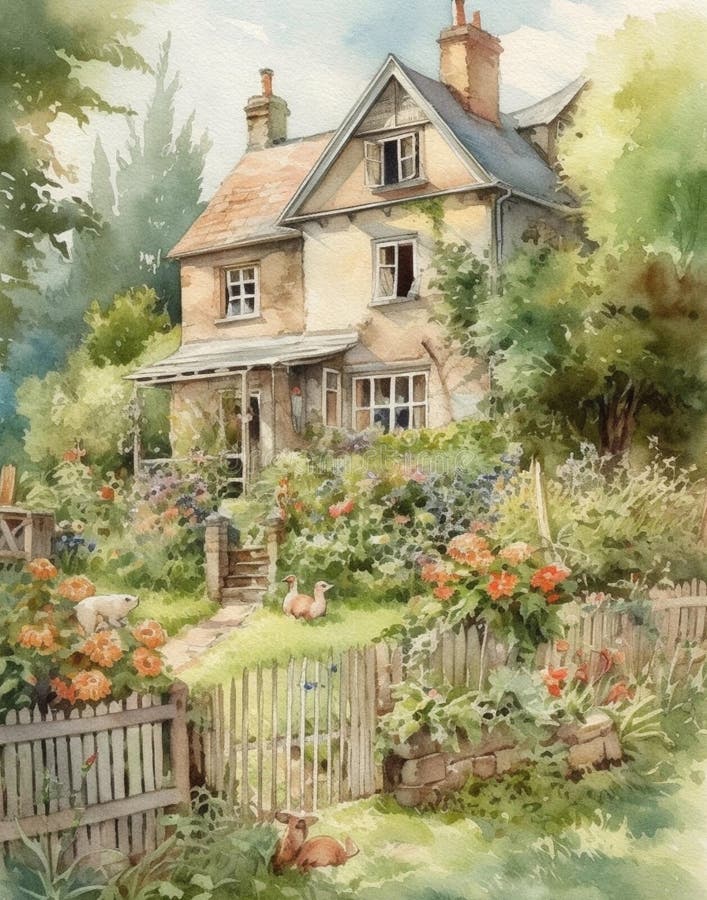 Watercolor Summer Vintage Drawing of a Summer House in the Village in ...