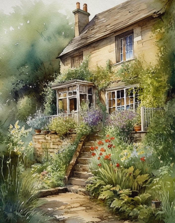 Watercolor Summer Vintage Drawing of a Summer House in the Village in ...