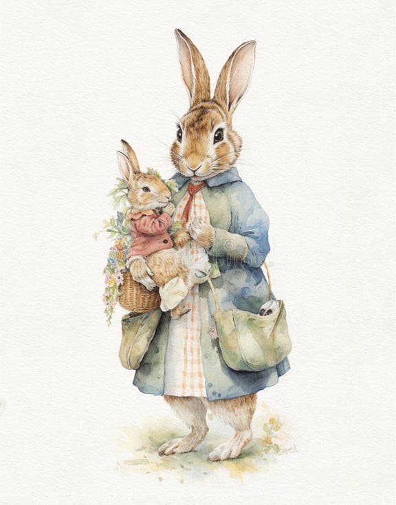 Watercolor Drawing of a Happy Family of Rabbit Mom and Baby in Vintage ...