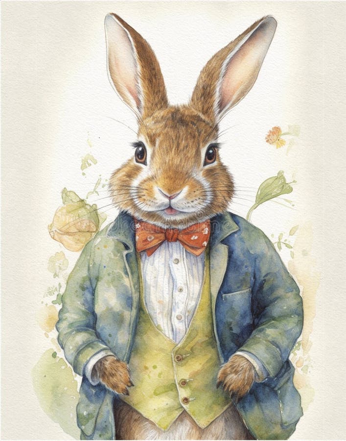 Watercolor Drawing of a Chef Rabbit in the Kitchen, Vintage Card with ...