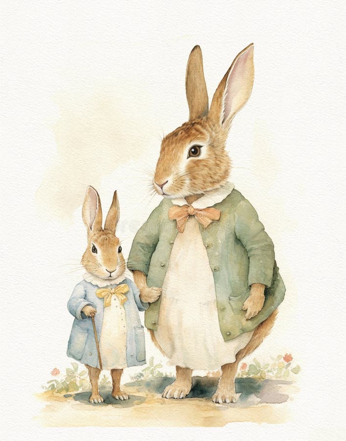 Watercolor Drawing of a Happy Family of Rabbit Mom and Baby in Vintage ...
