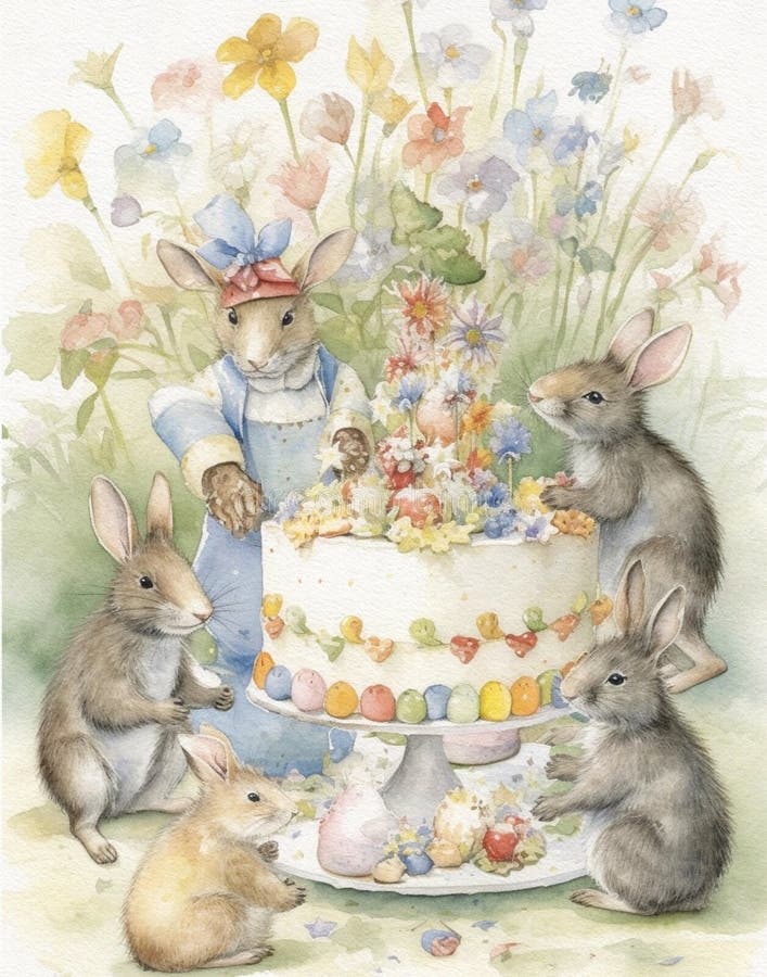 Watercolor Drawing of a Chef Rabbit in the Kitchen, Vintage Card with ...