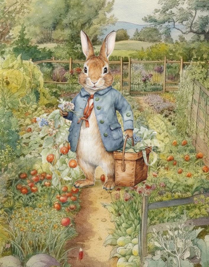 Watercolor Drawing of a Chef Rabbit in the Kitchen, Vintage Card with ...