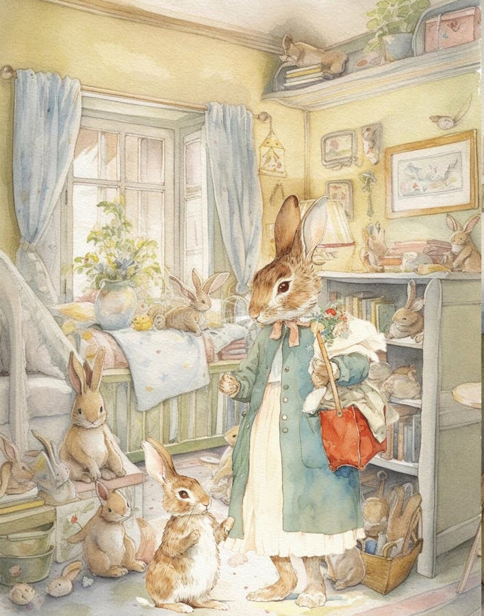 Watercolor Drawing of a Chef Rabbit in the Kitchen, Vintage Card with ...