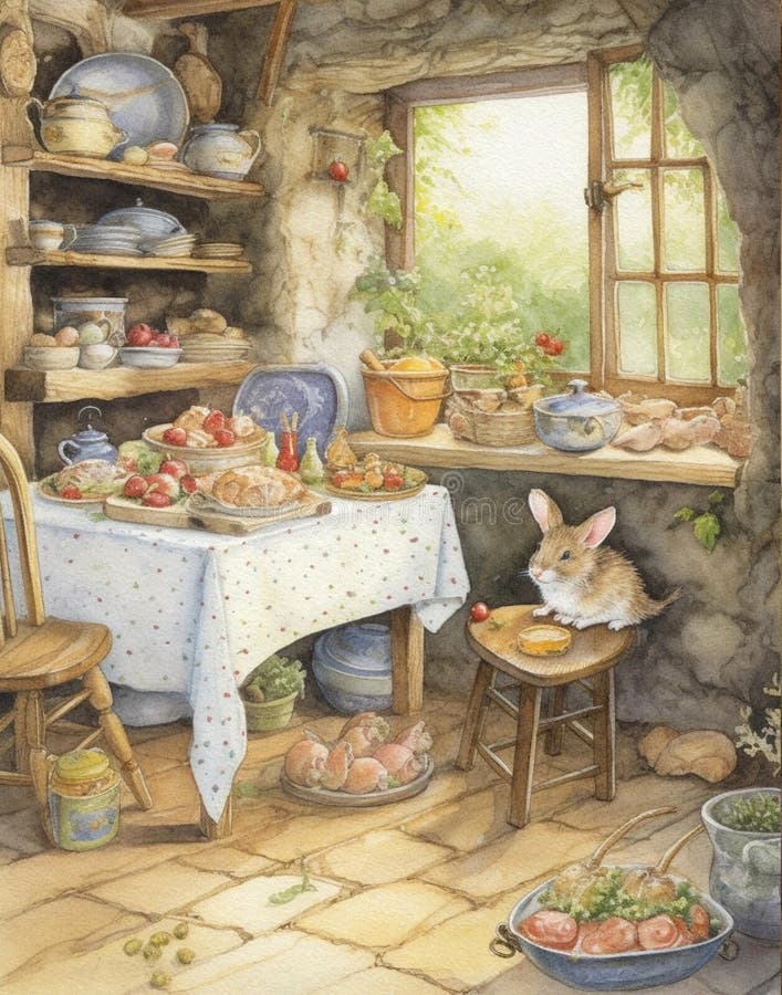 Watercolor Drawing of Vintage Kitchen, Rustic Kitchen in Pastel Colors ...