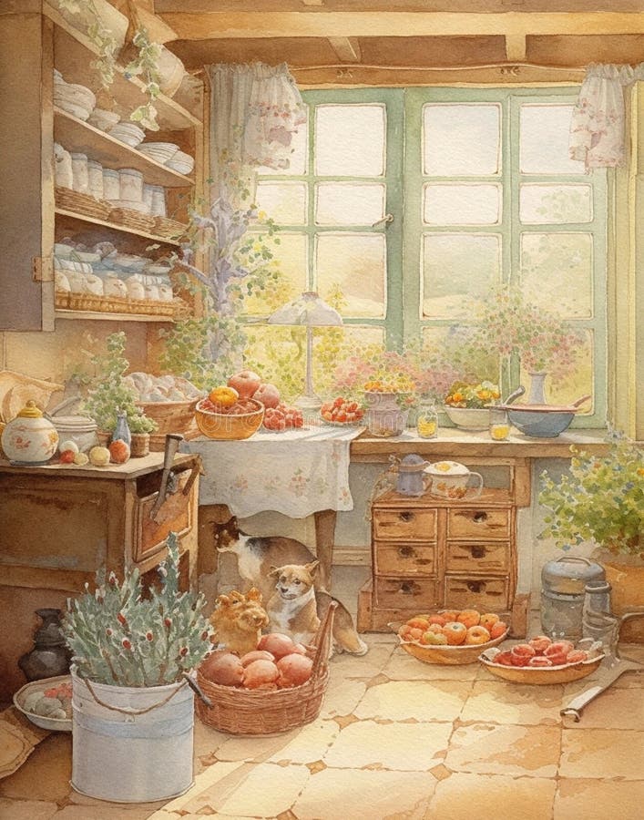 Watercolor Drawing of Vintage Kitchen, Rustic Kitchen in Pastel Colors ...