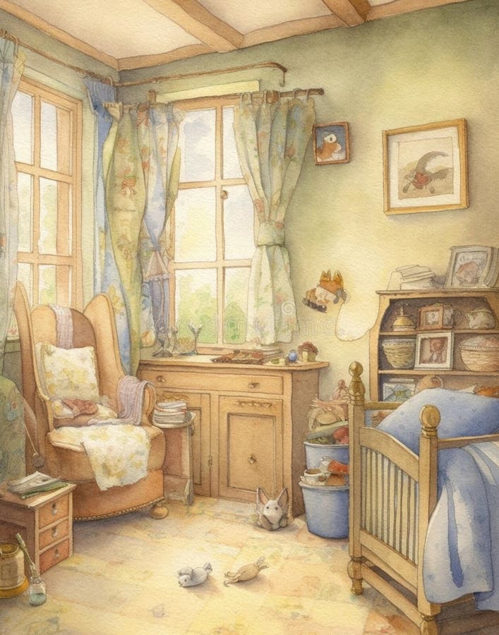 Watercolor Drawing of a Chef Rabbit in the Kitchen, Vintage Card with ...