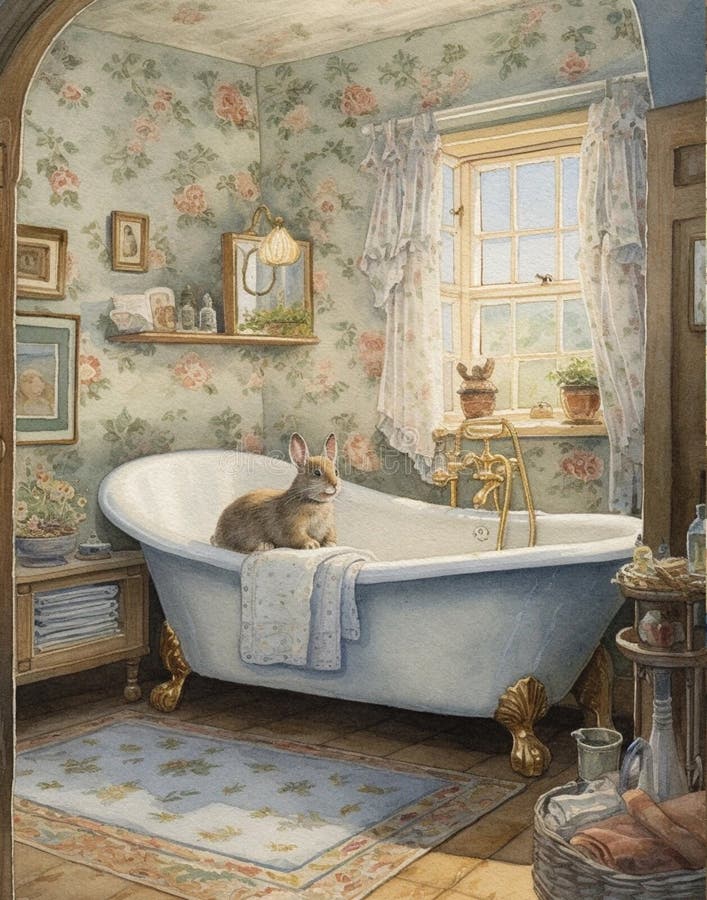 Watercolor Drawing of a Chef Rabbit in the Kitchen, Vintage Card with ...