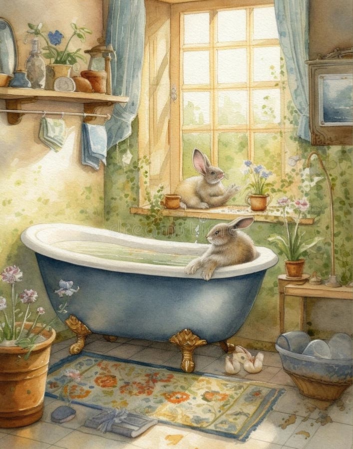 Watercolor Drawing of a Chef Rabbit in the Kitchen, Vintage Card with ...