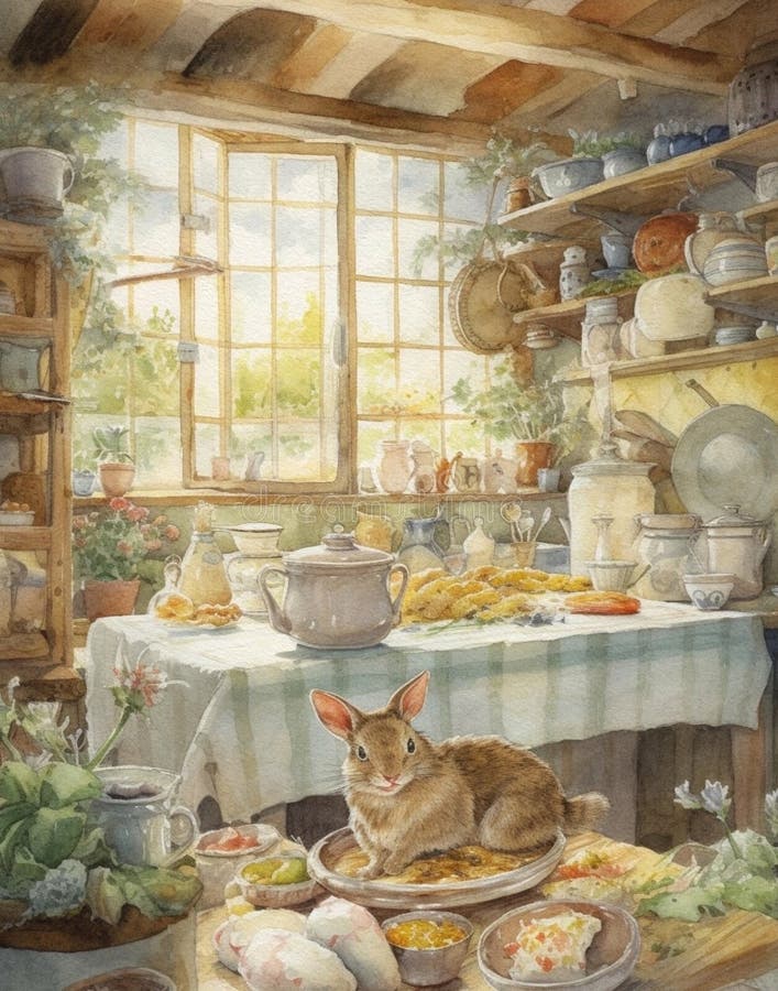 Watercolor Drawing of Vintage Kitchen, Rustic Kitchen in Pastel Colors ...