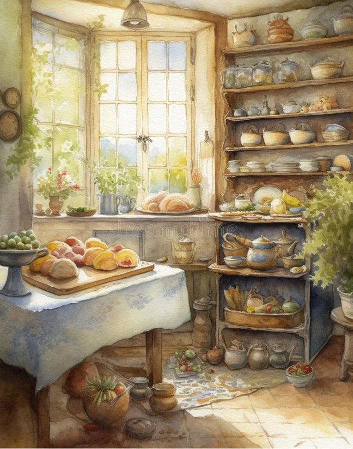 Watercolor Drawing of a Chef Rabbit in the Kitchen, Vintage Card with ...