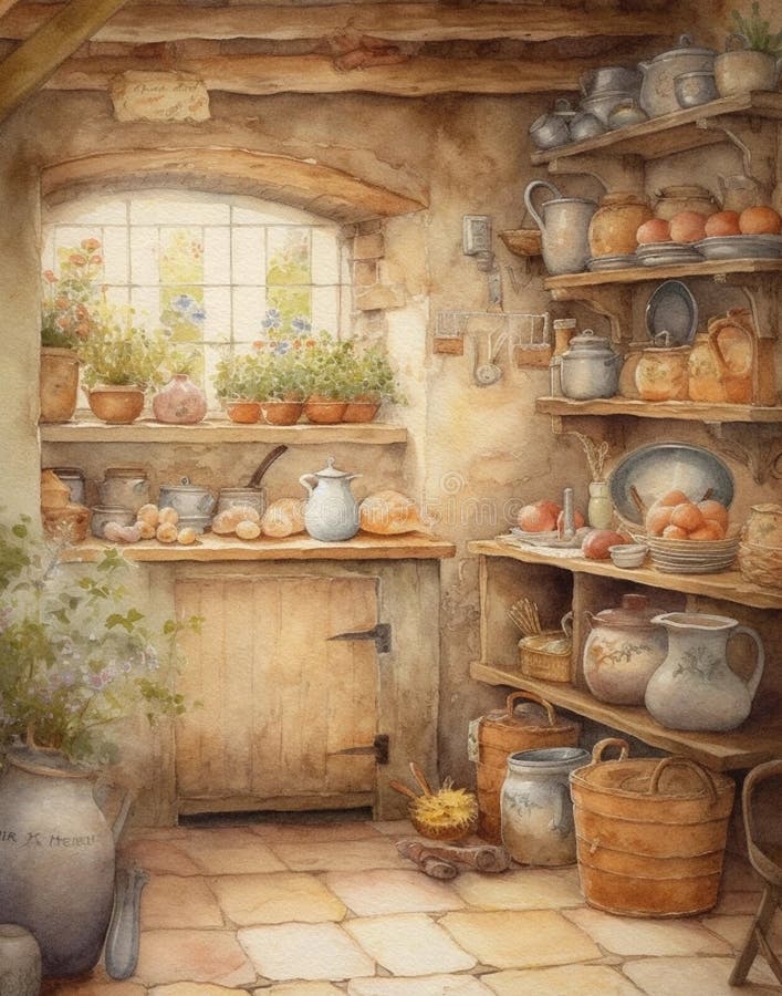 Watercolor Drawing of Vintage Kitchen, Rustic Kitchen in Pastel Colors ...