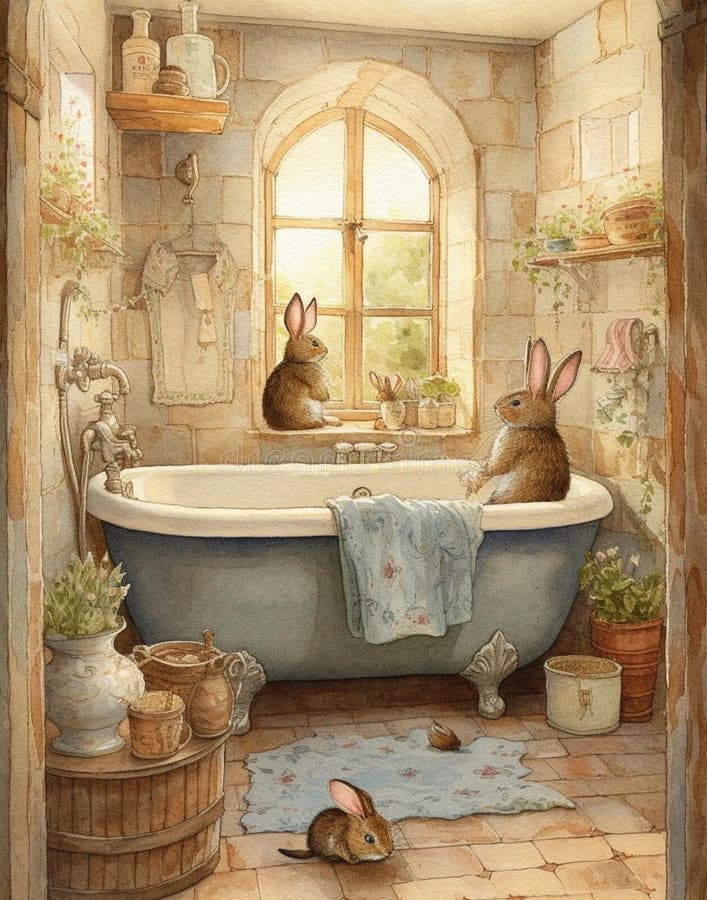 Watercolor Drawing of a Chef Rabbit in the Kitchen, Vintage Card with ...