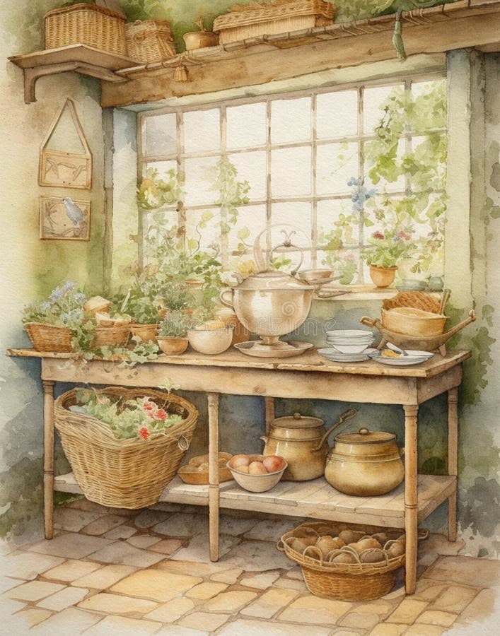 Watercolor Drawing of Vintage Kitchen, Rustic Kitchen in Pastel Colors ...