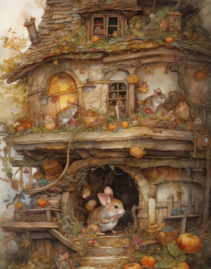 Watercolor Drawing of a Mouse House, Fabulous Animal House, Vintage ...