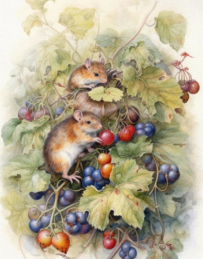 Watercolor Drawing Little Mouse Picking Berries in a Basket, Fairy ...