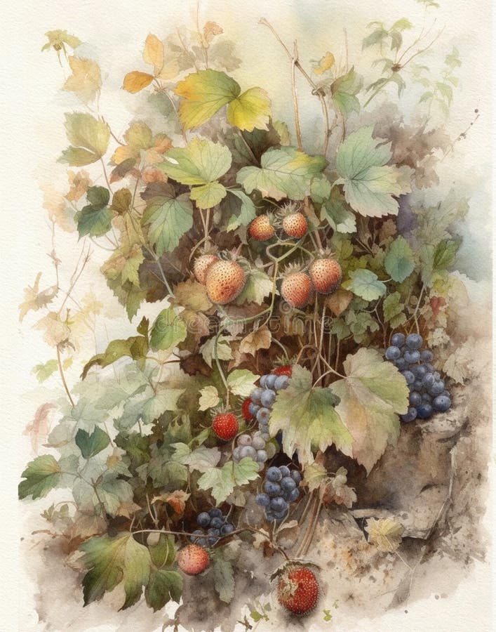 Watercolor Drawing Bush with Berries, Berry Field, Vintage Style Stock ...