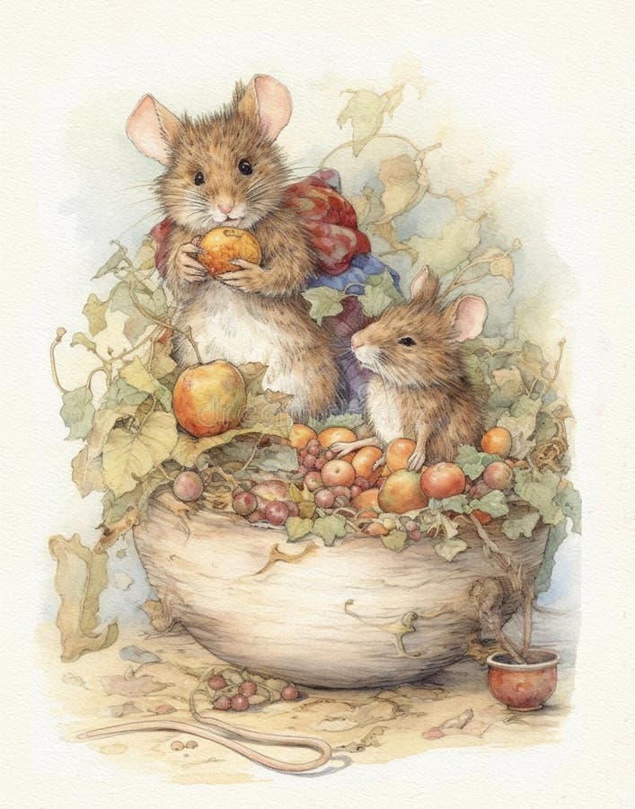 Watercolor Vintage Drawing Children S Book Illustration Family of Mice ...