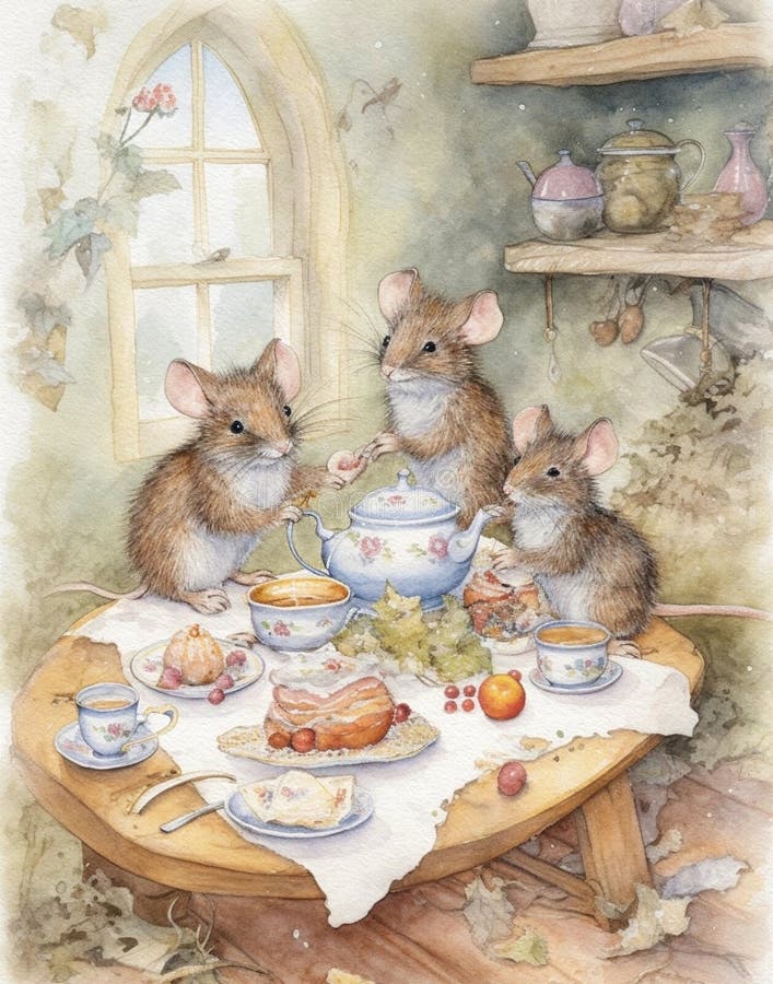 Watercolor Vintage Drawing Children S Book Illustration Family of Mice ...