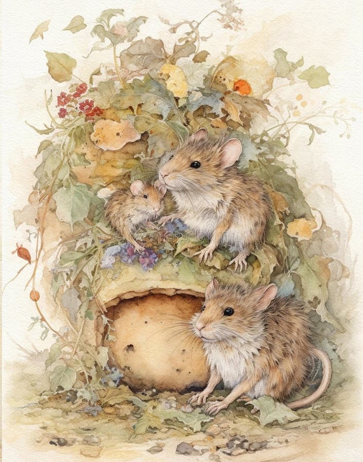 Watercolor Vintage Drawing Children S Book Illustration Family of Mice ...