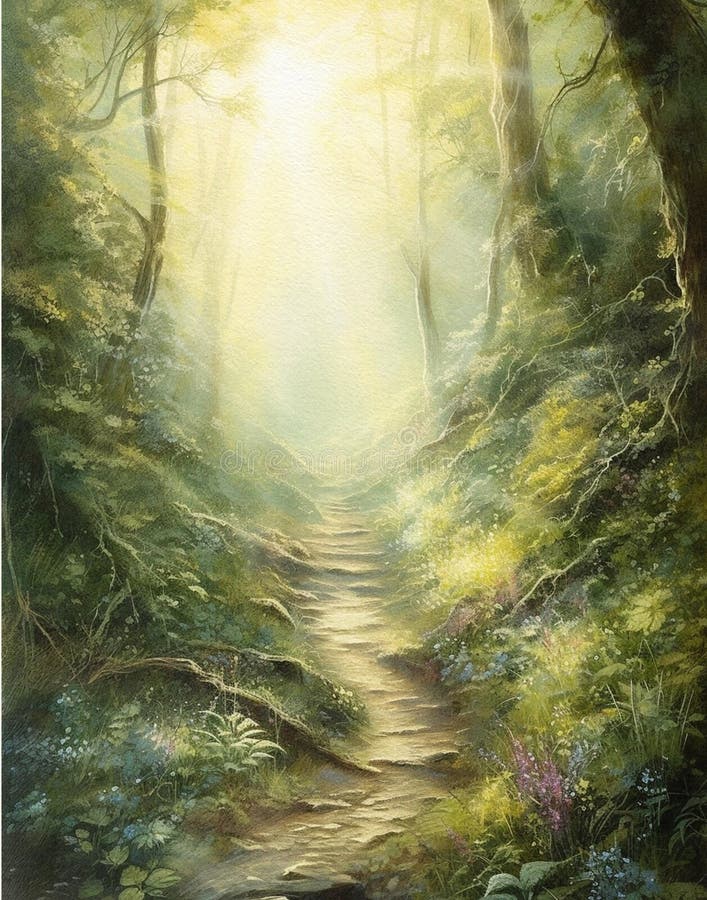 Watercolor Drawing Mysterious Forest, Forest Path and Sunlight Stock ...
