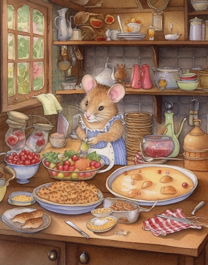 Watercolor Drawing Mouse Chef Cooks in the Kitchen, Forest House Stock ...