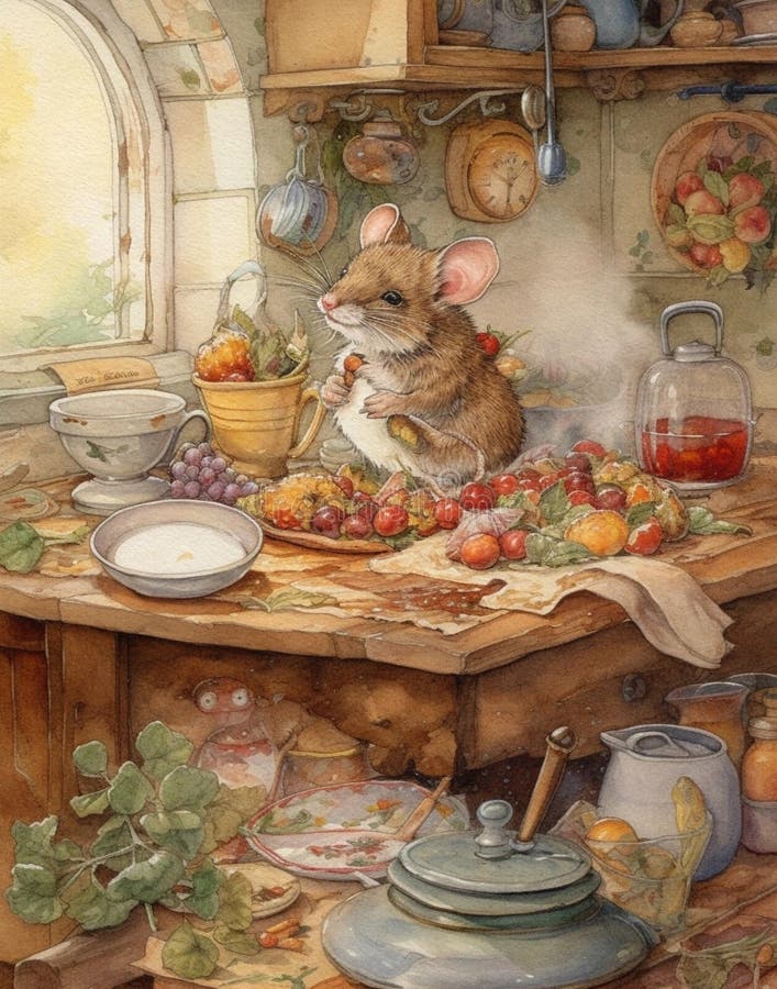 Watercolor Drawing Mouse Chef Cooks in the Kitchen, Forest House Stock ...