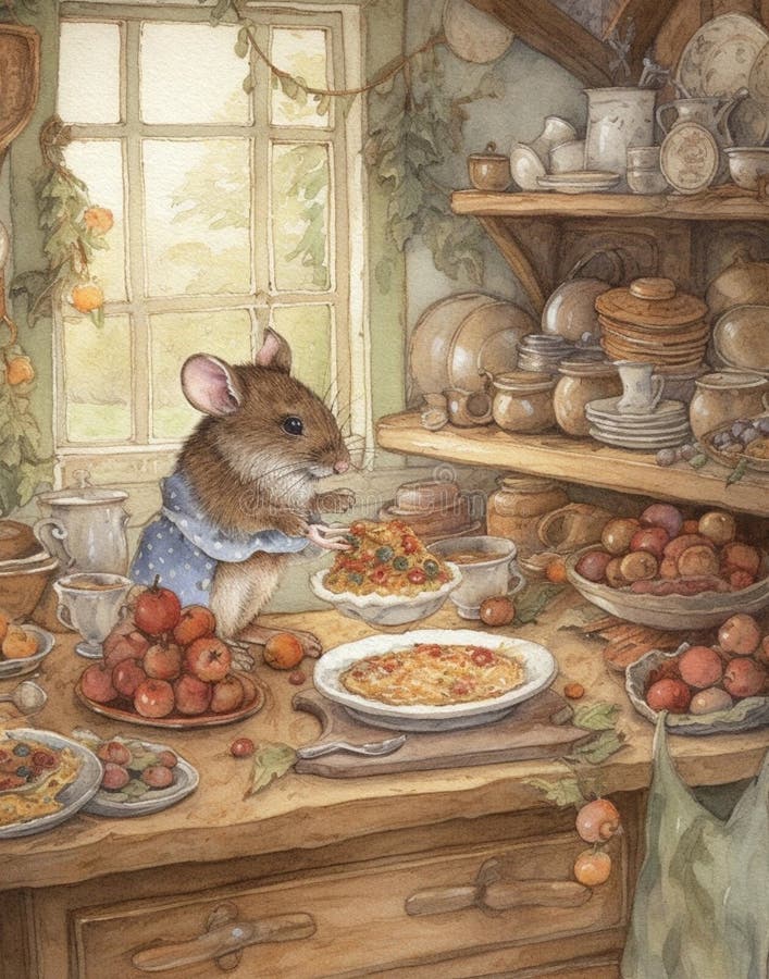 Watercolor Drawing Mouse Chef Cooks in the Kitchen, Forest House Stock ...