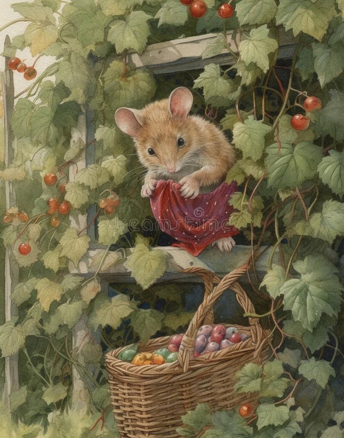 Watercolor Drawing Little Mouse Picking Berries in a Basket, Fairy ...