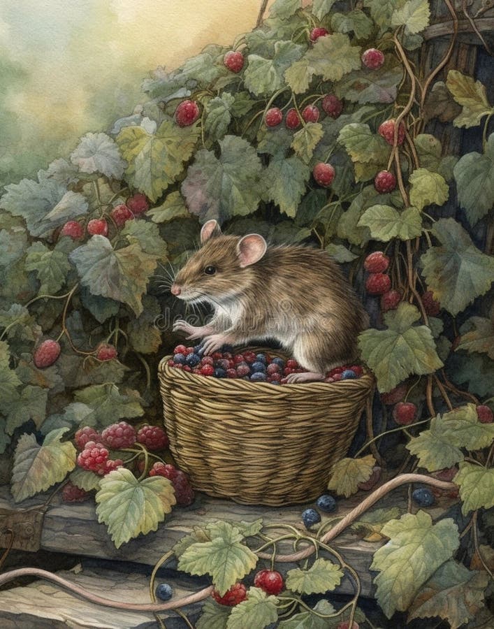 Watercolor Drawing Little Mouse Picking Berries in a Basket, Fairy ...
