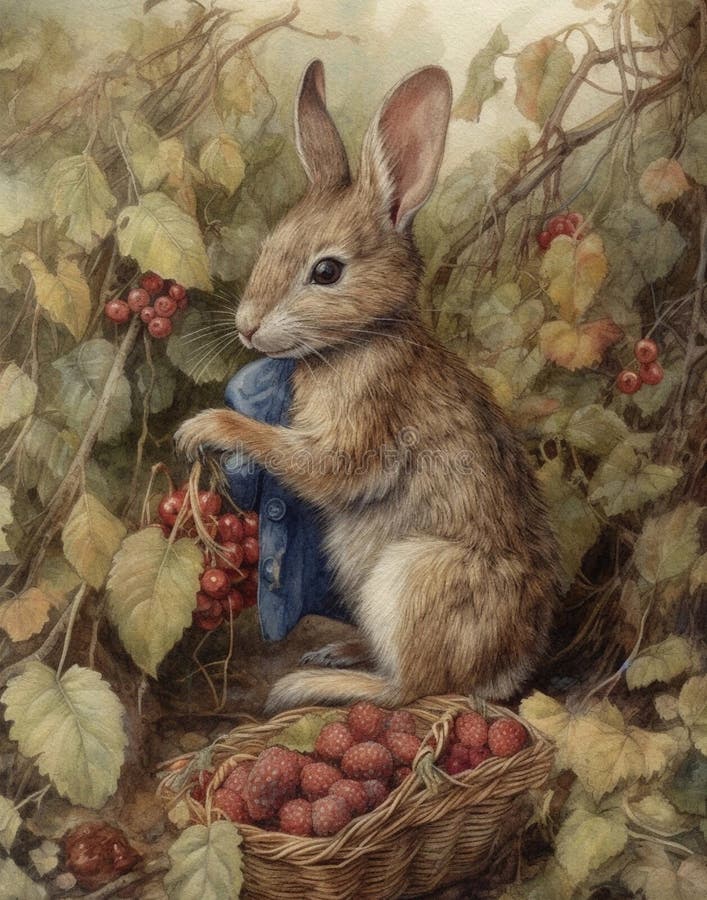 Watercolor Drawing Little Mouse Picking Berries in a Basket, Fairy ...