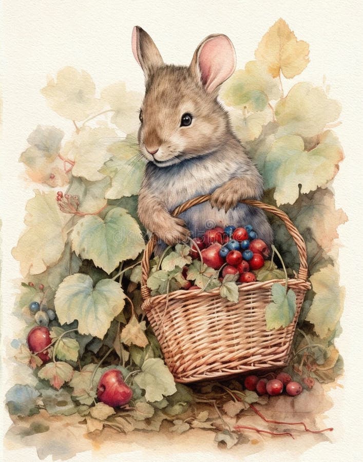 Watercolor Drawing Little Mouse Picking Berries in a Basket, Fairy ...