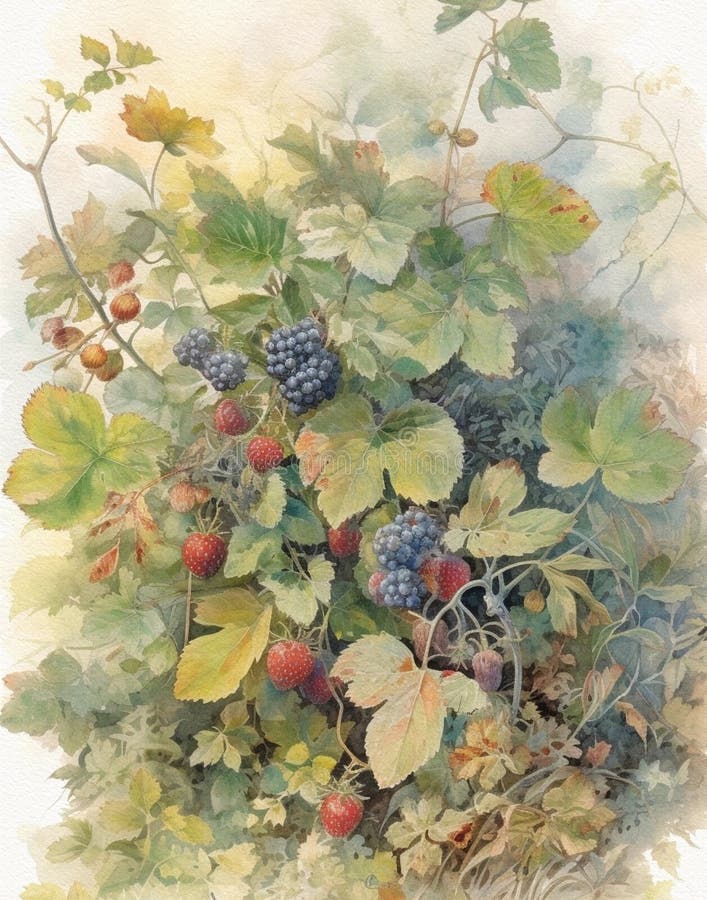 Watercolor Drawing Bush with Berries, Berry Field, Vintage Style Stock ...