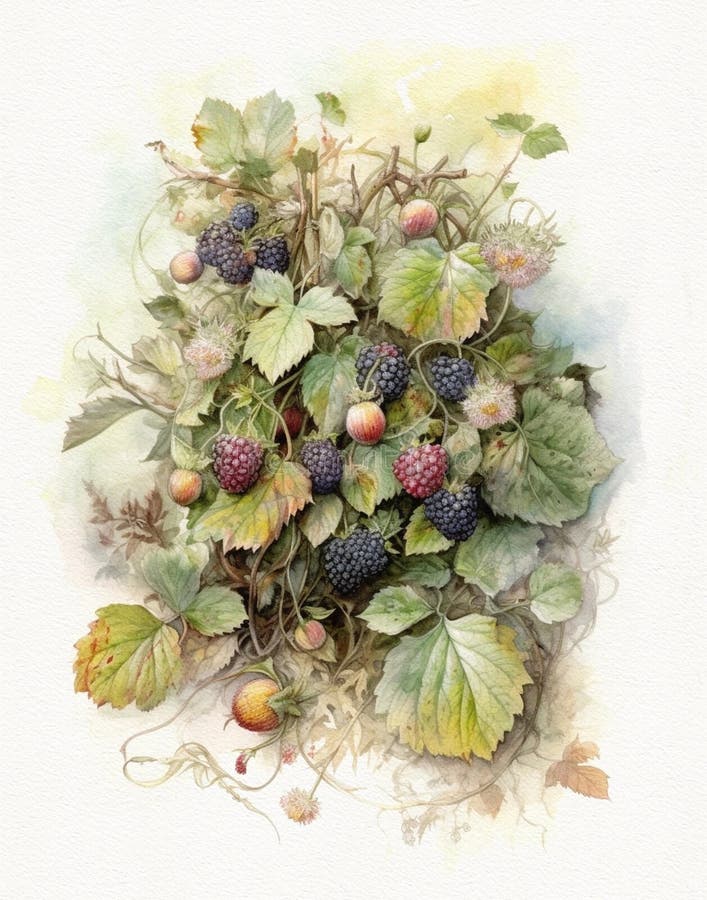 Watercolor Drawing Bush with Berries, Berry Field, Vintage Style Stock ...