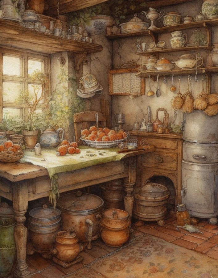 Watercolor Drawing Rustic Kitchen, Kitchen Utensils in Vintage Style ...