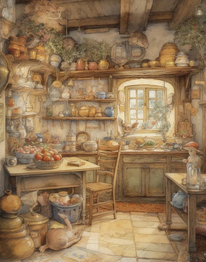 Watercolor Drawing of a Chef Rabbit in the Kitchen, Vintage Card with ...