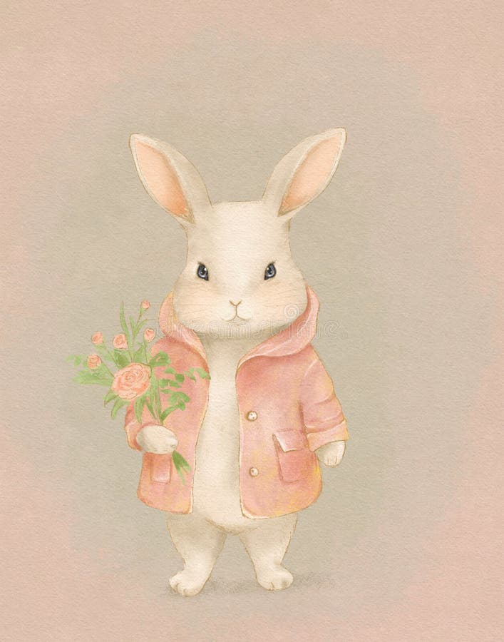 Drawing of a White Bunny in Pink Clothes with a Bouquet of Flowers, a ...
