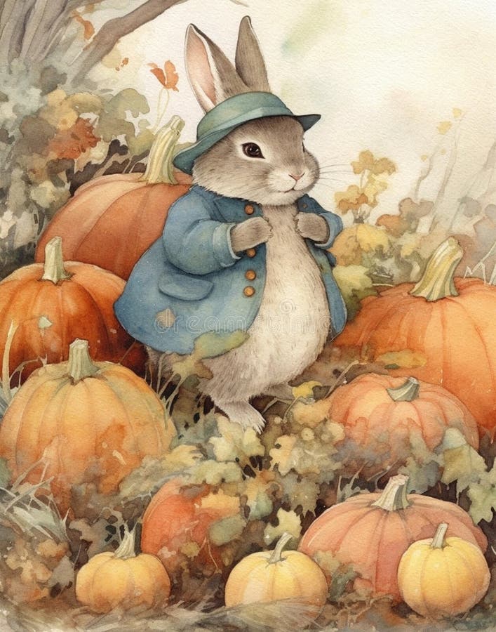 Watercolor Drawing of a Rabbit on Autumn Pumpkins, Thanksgiving Day ...