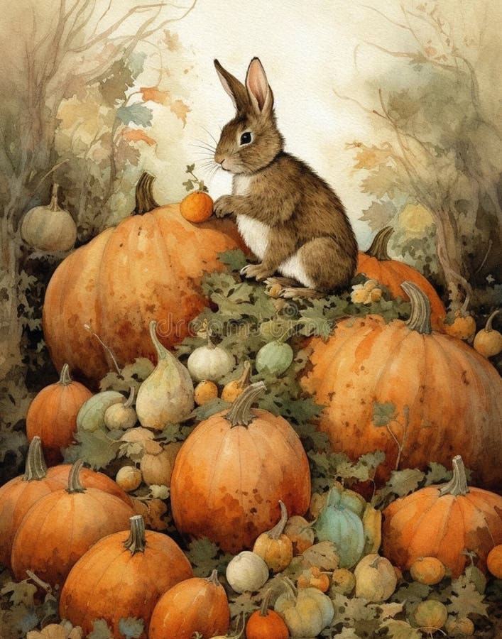 Watercolor Drawing of a Rabbit on Autumn Pumpkins, Thanksgiving Day ...