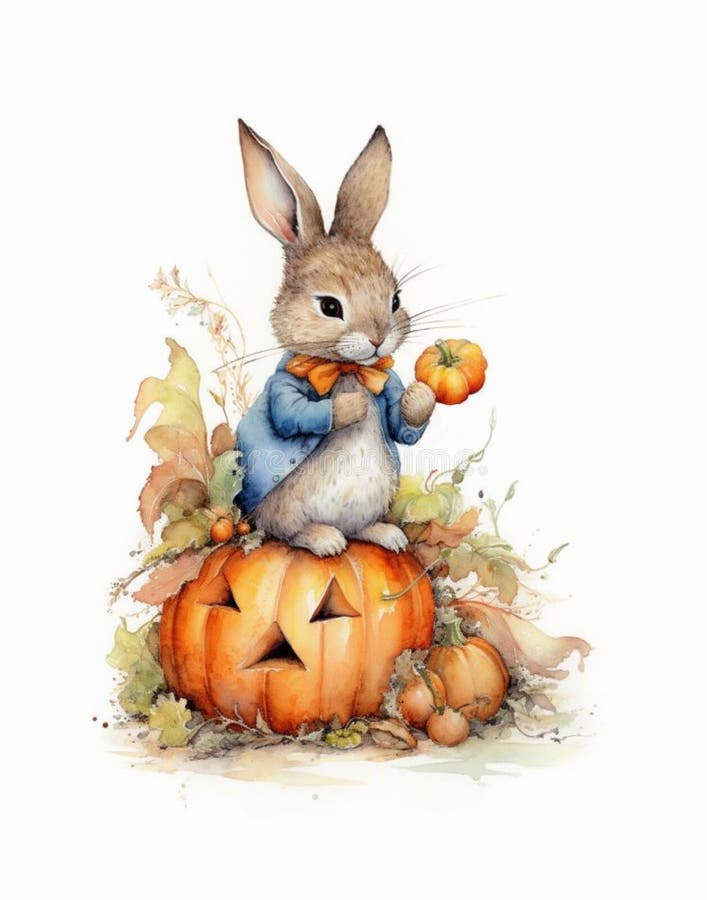 Watercolor Drawing of a Rabbit on Autumn Pumpkins, Thanksgiving Day ...