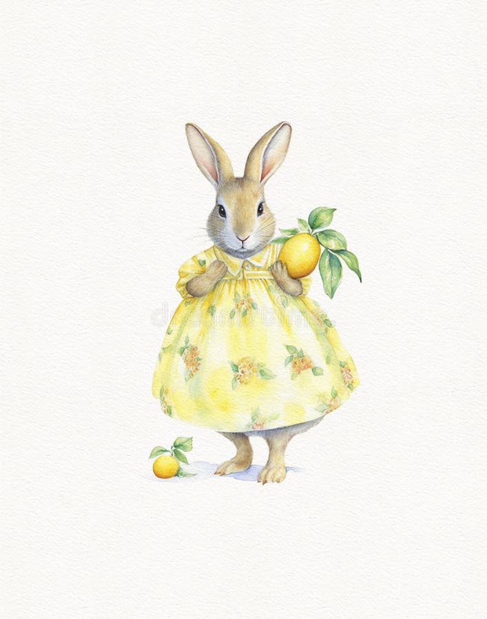 Rabbit in Yellow Dress with Lemons, Cute Animal in Summer Stock ...