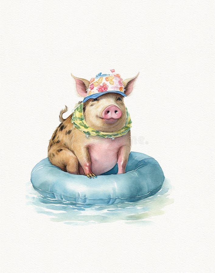 Illustration of a Funny Pig in a Bathing Suit Swimming in an Inflatable ...
