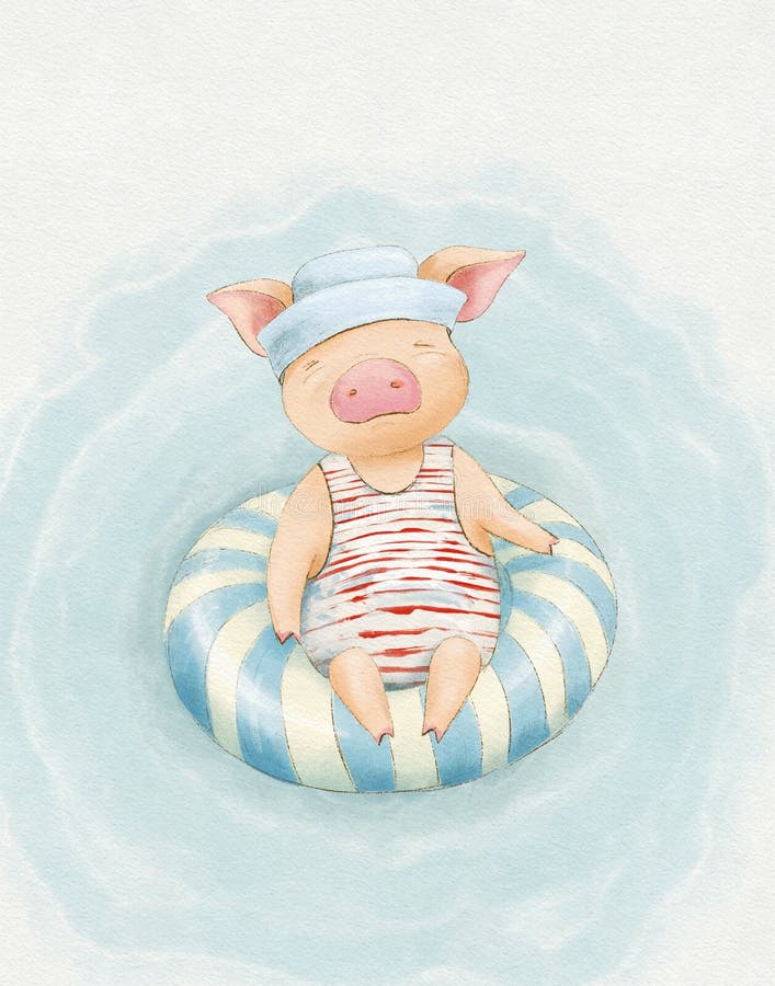 Illustration of a Funny Pig in a Bathing Suit Swimming in an Inflatable ...