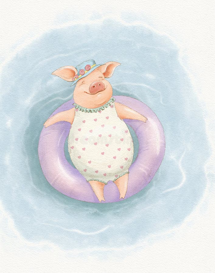 Illustration of a Funny Pig in a Bathing Suit Swimming in an Inflatable ...