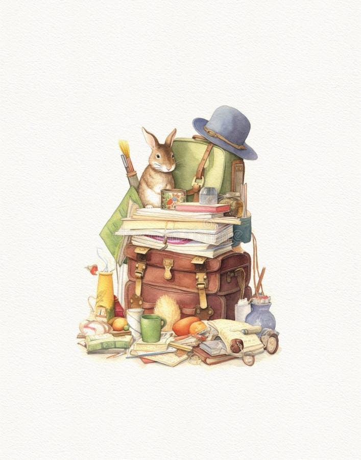 Watercolor Drawing of a Stack of Books and a Rabbit, School Supplies ...