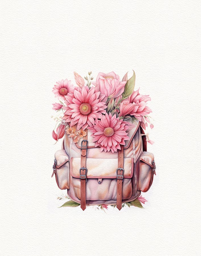 Watercolor Drawing of a Backpack, Hand Bag, with Flowers, Go To School ...