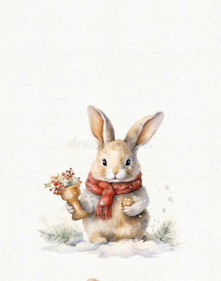 Watercolor Drawing of a Bunny on Winter Holidays, Christmas Bunny Stock ...