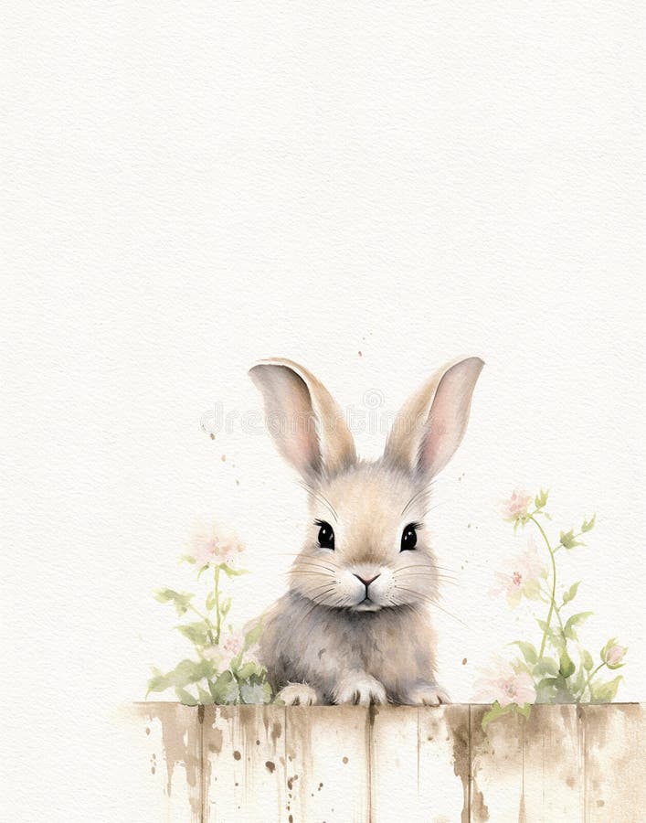 Watercolor Drawing of a White Rabbit in Flowers, Baby Shower Bunny ...