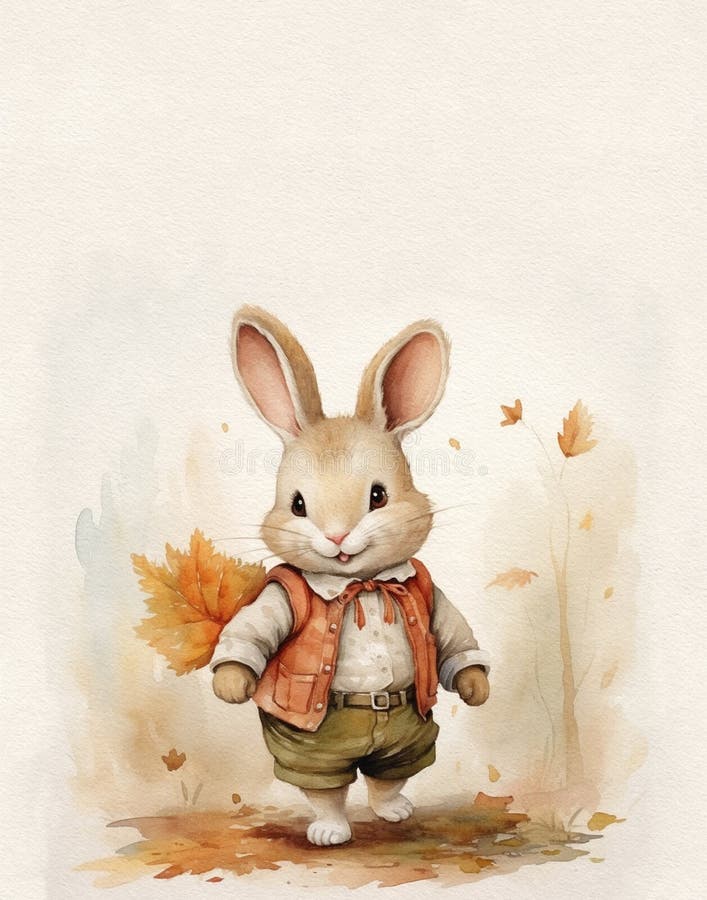 Watercolor Drawing of a Rabbit in Autumn, Thanksgiving Day Card, Autumn ...