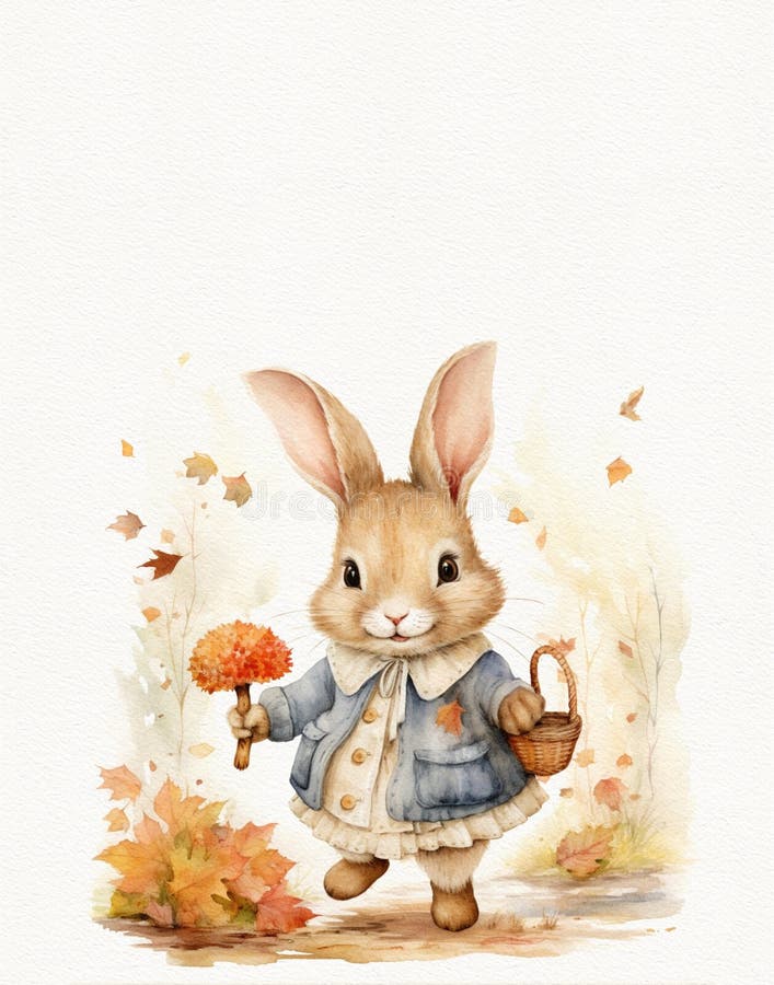 Watercolor Drawing of a Rabbit in Autumn, Thanksgiving Day Card, Autumn ...
